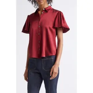 Cinq À Sept Fiona Flutter Sleeve Silk Satin Button-up Shirt - Berrywine