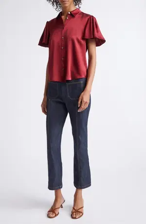 Cinq À Sept Fiona Silk Satin Flutter Sleeve Shirt