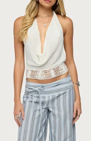 EDIKTED Ennis Crochet Waist Knit Halter Top