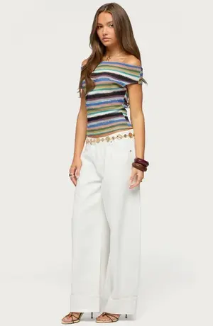 EDIKTED Irenea Striped Off The Shoulder Knit Top