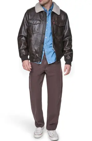 LEVI'S Faux Leather Bomber Jacket With Faux Shearling Collar - Brown