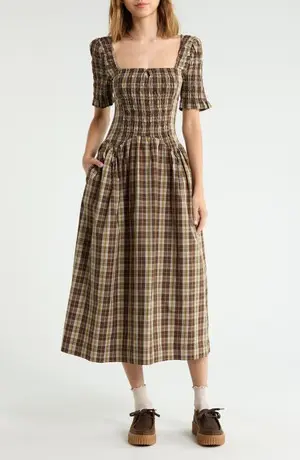 DAMSON MADDER Checked Organic Cotton Midi Dress - Cocoa