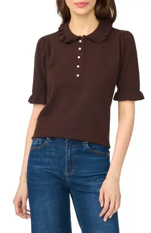 CECE DUPRAZ Ruffle Collar Short Sleeve Polo Sweater Coffee Bean