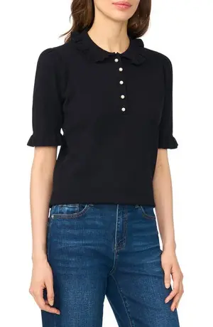 CECE DUPRAZ Ruffle Collar Short Sleeve Polo Sweater - Rich Black