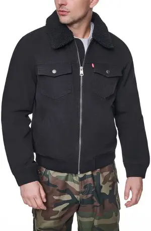 LEVI'S Cotton Aviator Bomber Jacket With Faux Shearling Collar - Black