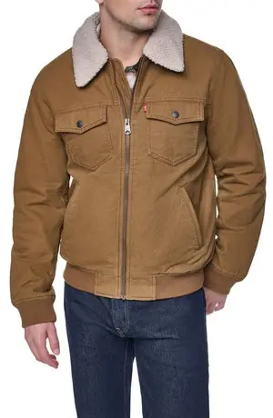 LEVI'S Cotton Aviator Bomber Jacket With Faux Shearling Collar - Brown