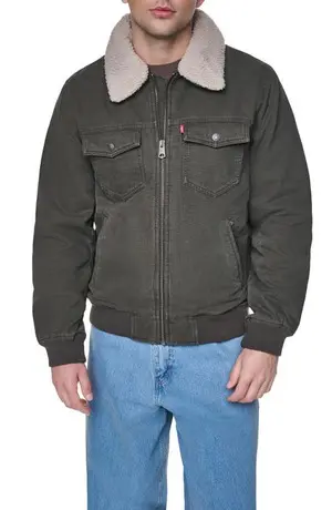 LEVI'S Cotton Aviator Bomber Jacket With Faux Shearling Collar - Olive