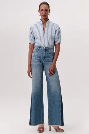 EXQUISE Savanah High Waist Wide Leg Denim Trousers - Blue