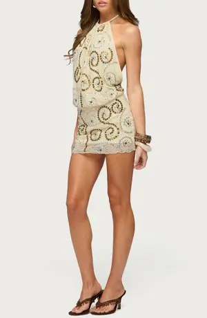 EDIKTED Areli Beaded Sequin Halter Minidress