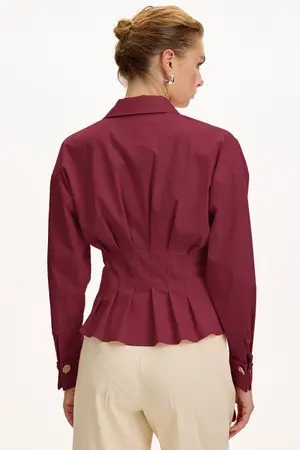 EXQUISE Pleated Fitted Waist Cotton Poplin Shirt - Red