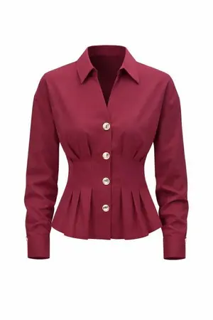 EXQUISE Pleated Fitted Waist Cotton Poplin Shirt - Red