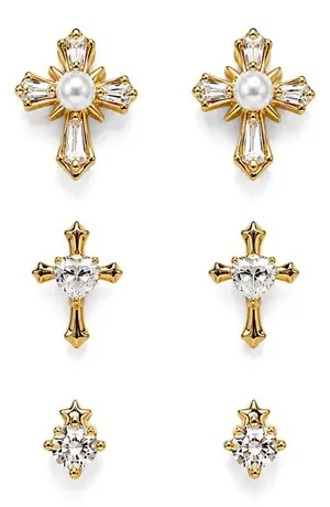 LA MENO Set Of 3 Crystal Cross Stud Earrings - Gold