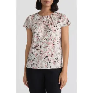 KASPER Pleated Neck Fan Print Top - Tearose Multi