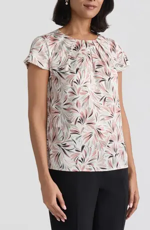 KASPER Pleated Neck Fan Print Top