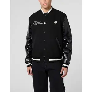 Philipp Plein Varsity Bomber Jacket With Crocodile-embossed Sleeves - Black