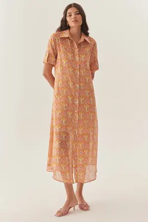 EXQUISE Kailani Midi Dress - Orange Patterned
