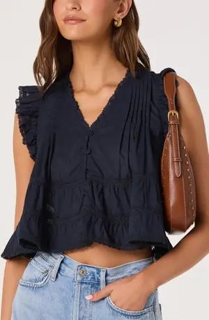 Astr The Label Julie Flutter Sleeve Eyelet Cotton Top
