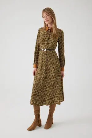 EXQUISE Antonia Midi Dress With Patterned Finish And Long Sleeves - Brown Patterned