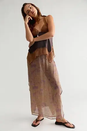 Free People Karis Crinkle Midi Skirt - Tan Combo