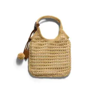 Miu Miu Beige Crochet Raffia Handbag With Embroidered Logo And Leather Details