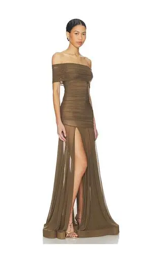 BRONX BANCO Sheer Off Shoulder Maxi Dress
