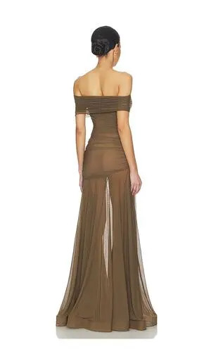 BRONX BANCO Sheer Off Shoulder Maxi Dress