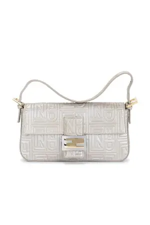 Fendi Logo Embossed Baguette Shoulder Bag In Metallic - Silver