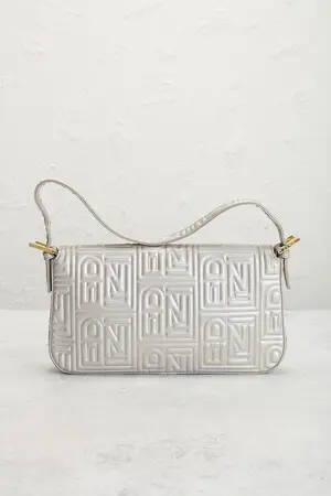 Fendi Logo Embossed Baguette Shoulder Bag - Silver