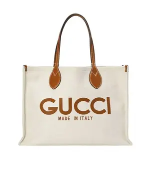 Gucci Logo Printed Medium Tote Bag - Beige