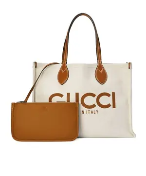 Gucci Logo Printed Medium Tote Bag - Beige