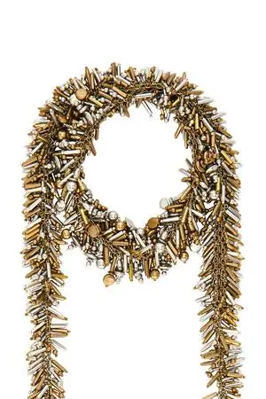 Dries Van Noten Beaded Embroidered Scarf Necklace In Metallic Brass - Silver