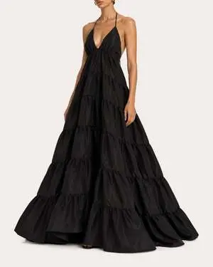 Azeeza Tiered Halter Gown - Black