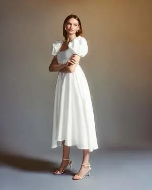 Azeeza Rory Raw Silk Puff-sleeve Midi Dress