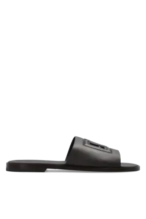 Dolce & Gabbana Leather Slides With Logo - Brown