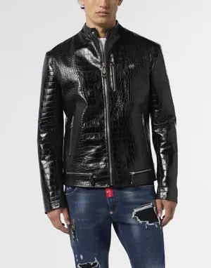 Philipp Plein Leather Moto Jacket Cocco - Black