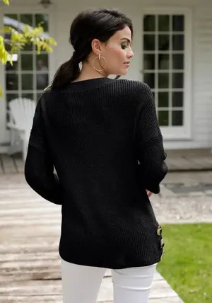 LASCANA Button Detail Off-shoulder Knit Sweater - Black
