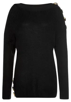LASCANA Button Detail Off-shoulder Knit Sweater - Black