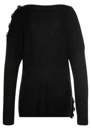 LASCANA Button Detail Off-shoulder Knit Sweater - Black