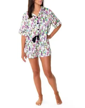 SUNSHINE SOCIETY Silky Fashionista Print Short Sleeve Shorts Set - Multicolor