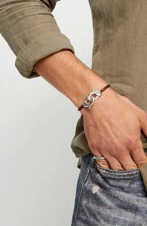 UNODE50 Brown Leather Bracelet With Interlocking Carabiner Detail