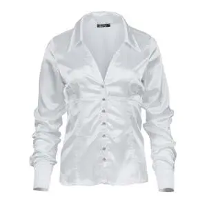 CONQUISTA Satin-finish Blouse With Strass Button Detail – Fitted & Elegant - White