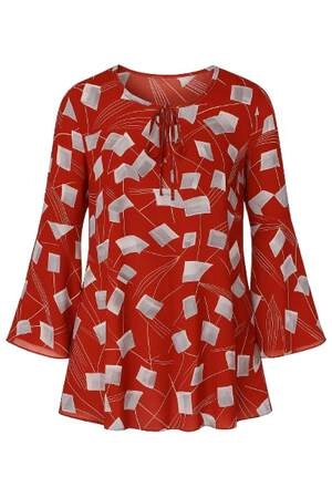 CONQUISTA Loose Fit Print Top With Bell Sleeves - Red