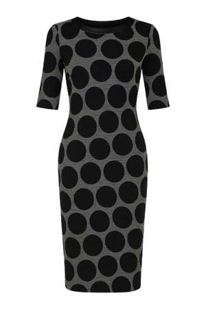 CONQUISTA Fitted Polka Dot Midi Dress - Black