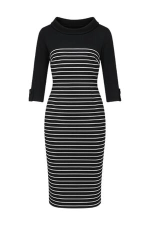 CONQUISTA Fitted Winter Dress In Striped Rib Knit Fabric - Black