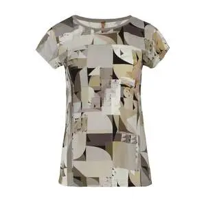 CONQUISTA Geometric Mosaic Viscose Jersey Top In Neutral Tones - Grey