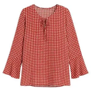 CONQUISTA Loose Fit Print Top With Tie Detail - Red