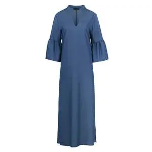CONQUISTA Denim Style Kaftan With Ruffle Detail In Viscose-satin Fabric - Blue