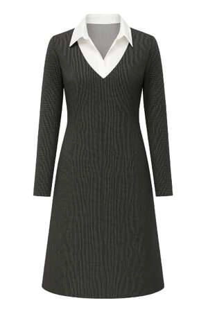 CONQUISTA Shirt Collar Detail Dark Striped Dress - Grey