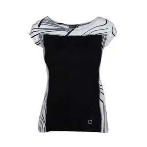 CONQUISTA Two-tone Cap Sleeve Print Top - Black