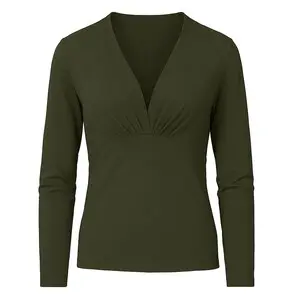 CONQUISTA Viscose Elastane Jersey Top – Long Sleeve, Deep V-neck- Dark Khaki - Green